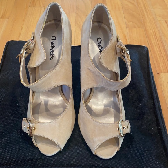 Chadwicks | Shoes | Double Buckle Peep Toe Suede Nude Stiletto Heels ...